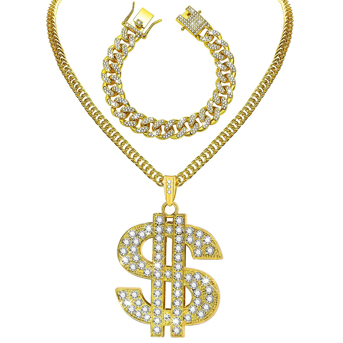 2 Pcs Gold Chain Dollar Sign Necklaces with Cuban Link Bracelet Set, 80s 90s Costume Big Fake Gold Chains Money Pendant Hip Hop Rapper Punk Jewelry for Men Women Party Accessories