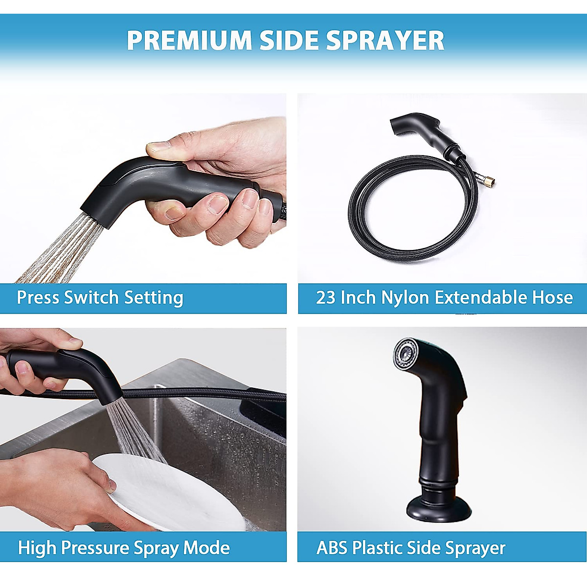 KINFAUCET Modern 2 Handle Kitchen Sink Faucet with Side Sprayer, High Arc 360 Swivel Stainless Steel 3 or 4 Hole Kitchen Faucet for Rv Camper Laundry Utility Bar Sinks, Matte Black