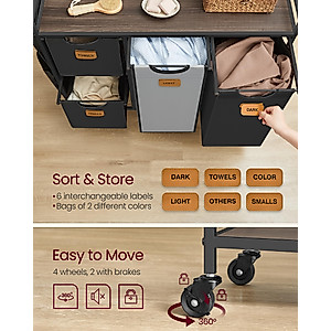 VASAGLE Laundry Hamper with 4 Compartments, 39.6 Gal. (150 L) Laundry Sorter, Rolling Laundry Cart with Shelves, Small Side Pockets, 6 Labels, Chestnut Brown, Ink Black and Dove Gray UBLH203B01