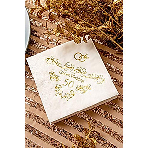 Crisky 50th Wedding Anniversaray Napkins Golden Cocktail Beverage Napkins, 50th Wedding Anniversary Decorations for Candy Cake Table, 50 Pcs, 3-ply