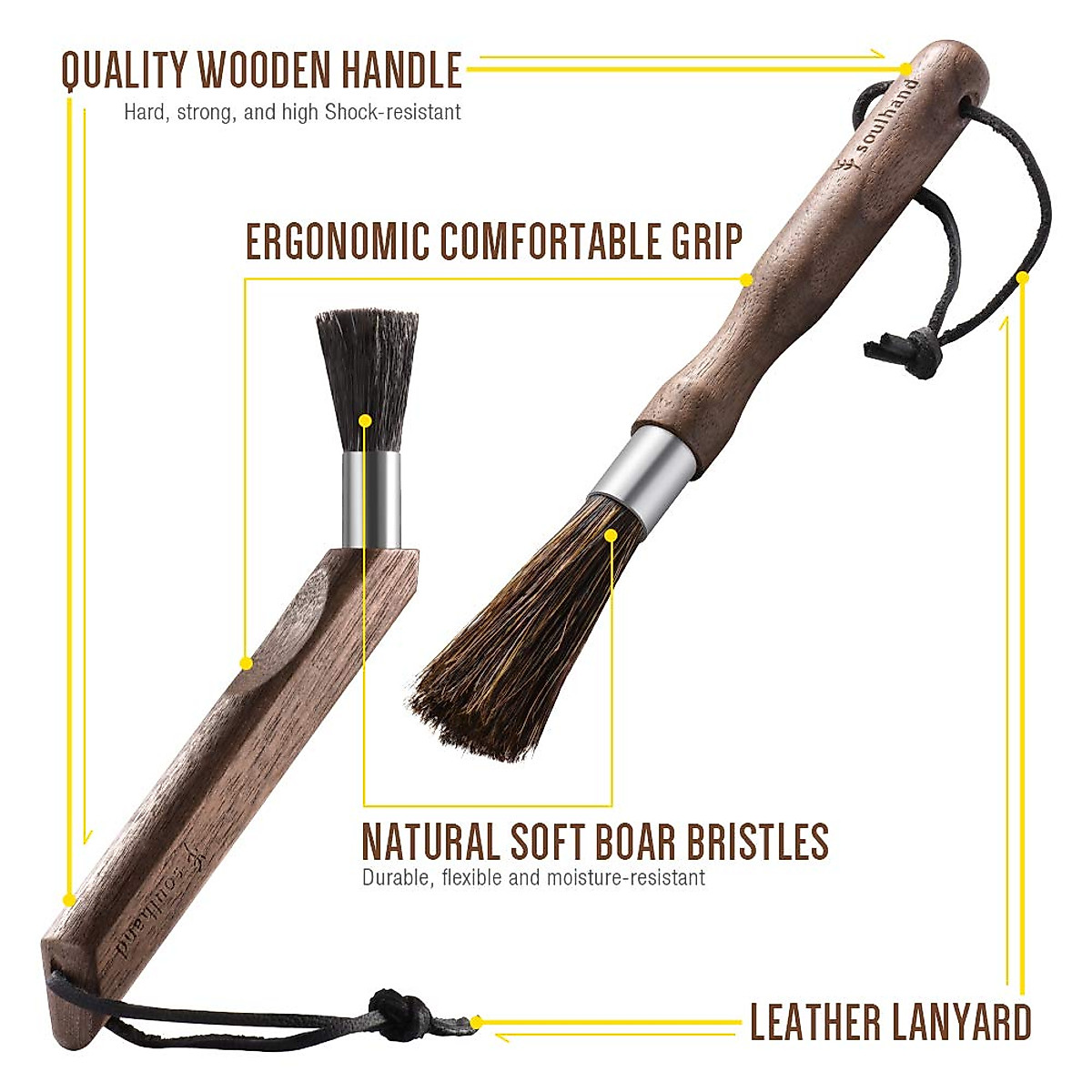 Soulhand Professional Coffee Brush Cleaning Brush Set (Straight + Curved) No Falling Out Bristles Natural Walnut Wood Espresso Machine Grinder Cleaner Coffee Tool for Barista Home Kitchen