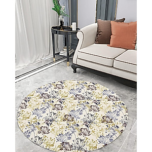 Country Rustic Flower Fluffy Round Area Rug Carpets 5ft, Plush Shaggy Carpet Soft Circular Rugs, Non-Slip Fuzzy Accent Floor Mat for Living Room Bedroom Nursery Home Decor Botanical Plant Farm Herb