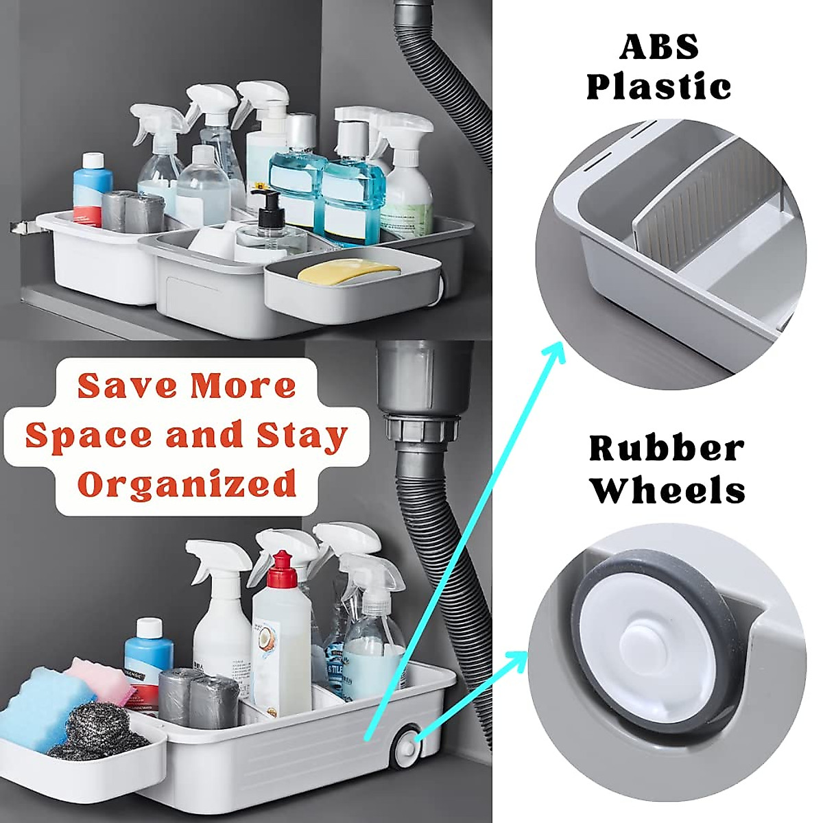 Undersink Pull Out Sliding Storage Basket, Car Shape Wheeled Cabinet Drawer Organizer for Kitchen Bathroom Sink Caddy, with Adjustable & Detachable Dividers and Side Drainer Basket, 8'' Wide Grey