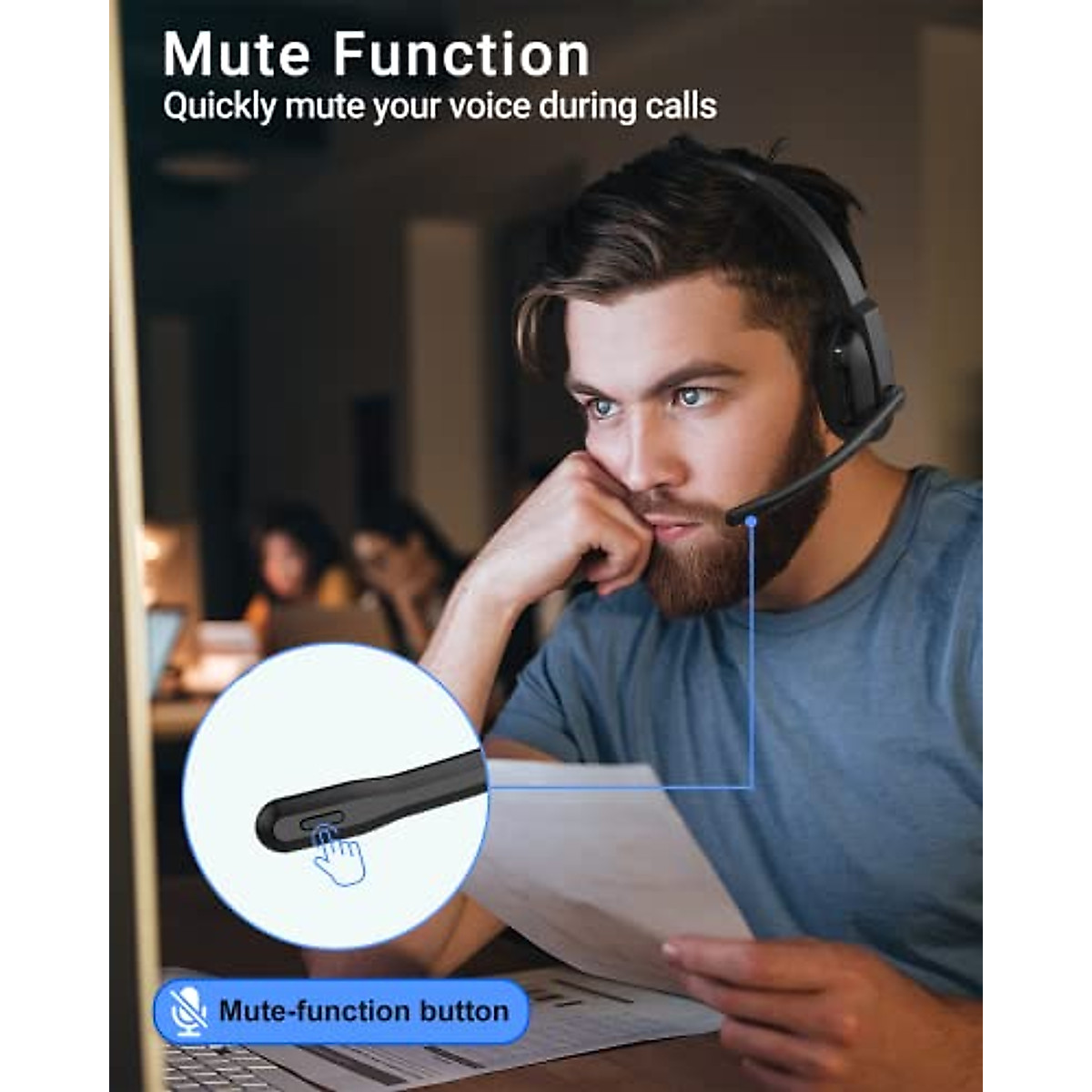 Bluetooth Headset with Microphone, HUAKUA AI Noise Cancelling Wireless Headset with Mute Button 50 Hrs Talk Time, on-Ear Headphones Trucker Headset for Computer PC Tablet Cell Phones Office Home Black