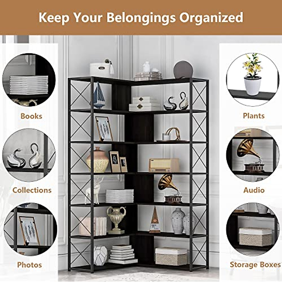 KIVENJAJA 7-Tier Corner Bookshelf, L-Shaped Modern Display Bookcase, Tall Standing Storage Book Shelves with Metal Frame for Living Room Bedroom Office, Black