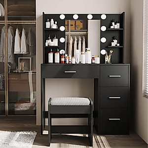 Irontar Vanity Desk, Makeup Vanity with 10 LED Lights and 4 Drawers, Brightness Adjustable, Dressing Table with 6 Shelves, Vanity Table for Women, Black WDT003B