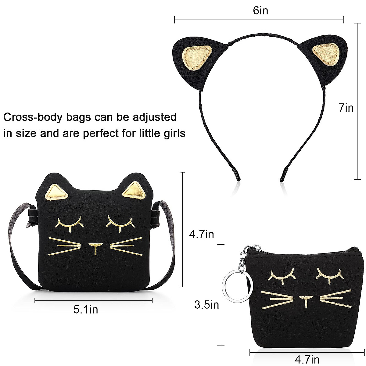Weewooday 3 Pcs Cat Shoulder Bag Set, Christmas Cute Crossbody Bag Gift Hand Bags with Mini Coin Purse Cat Headband Gifts for Girls (Black)