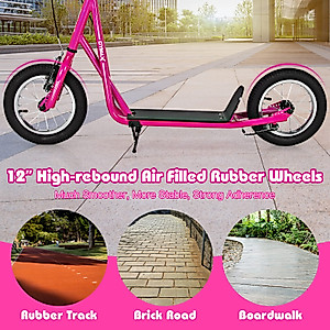 GYMAX Scooter, Kids & Adults Off-Road Scooter with 12" Inflatable Wheels, Adjustable Height Handlebar, V-Type Handbrakes & Axle Pegs for All Terrain, 8+ (Pink)