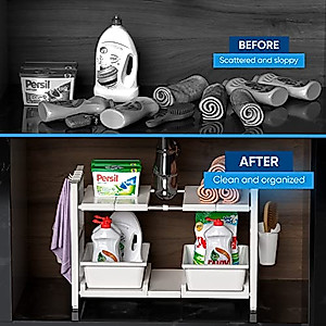 WestonBasics Under Sink Organizer | Expandable Under the Sink Organizer from 16-28" | 2-Tier Under Sink Organizers and Storage Shelf with Adjustable Racks, Double Sliding Drawers, 5 Hooks & 2 Cups