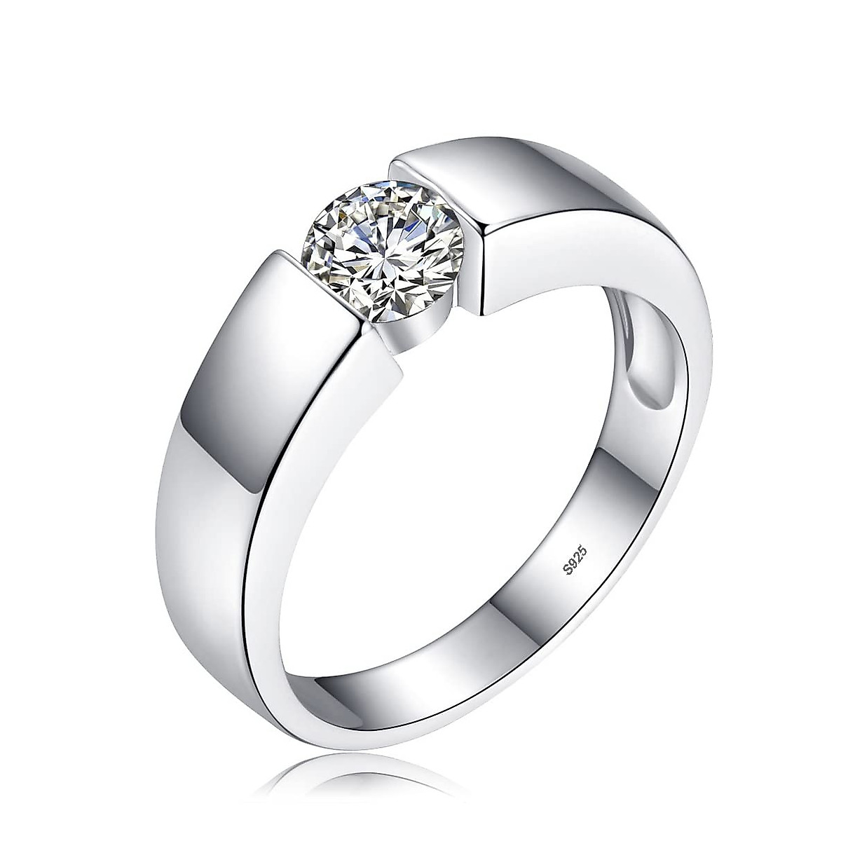 MYLYAHY Classic Round Brilliant Cut Cubic Zirconia Solitaire Band Ring for Men Women,S925 Sterling Silver Eternity Engagement Wedding CZ Gem Gemstone Band Ring Jewelry Gift for Him Her (Ring_A, 8)