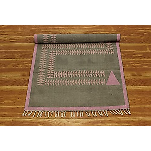 Casavani Hand Block Printed Area Rug Geometric Green & Pink Cotton Dhurrie Washable Kitchen Rugs with Tassels for Bedroom,Laundry,Living Room,Porch 4x6 5x8 2x3 Feet