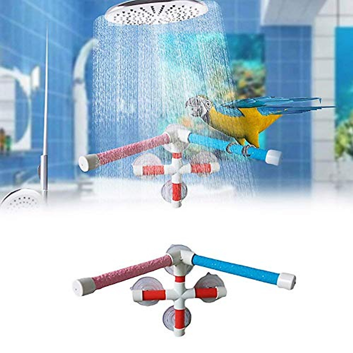 Hypeety Portable Suction Cup Bird Window and Shower Perch Toy for Bird Parrot Macaw Cockatoo African Greys Budgies Parakeet Bath Double Stand Perch Toy