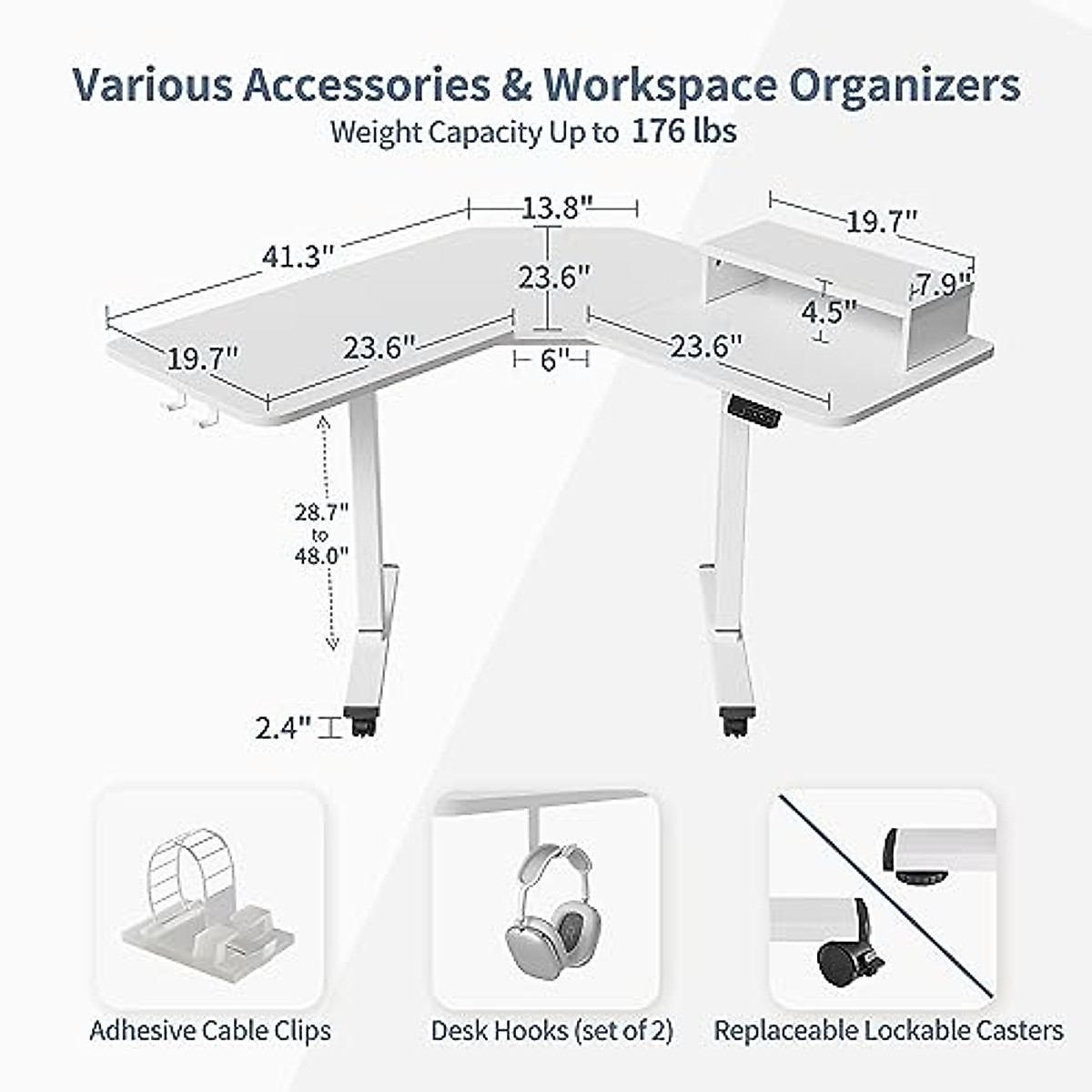 BANTI L-Shaped Electric Standing Desk, 48 Inch Adjustable Height Stand Up Desk with Monitor Stand, Sit Stand Home Office Desk with White Top