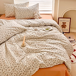 Aesthetic Floral Duvet Cover Twin Cozy Cotton Bedding Set Twin Shabby Chic Green Botanical French Style Duvet Cover Set Off White Comforter Cover with Fresh Flower Pattern, Breathable, Lightweight