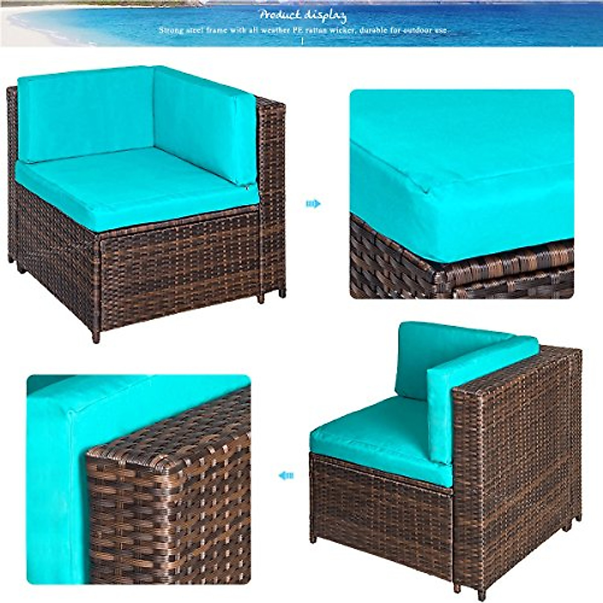 Merax 7 Pieces Patio, Weather PE Sectional Garden Furniture Corner Sofa Set for Backyard and Pool, Blue+Rattan