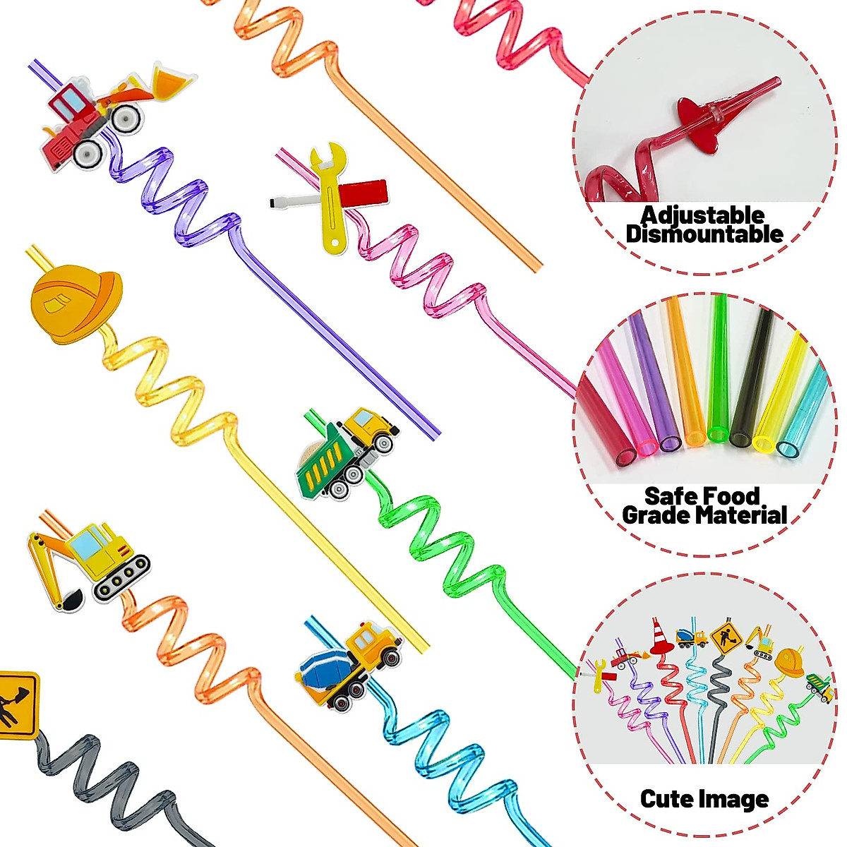24 Construction Plastic Straws Reusable Drinking Straws with 2 Cleaning Brush Blender Truck Excavator Truck Bulldozer Transportation Straws Construction Party Favors Supplies Gift for Kids Boys