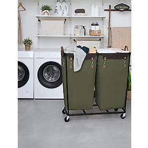 StorageWorks Laundry Sorter Cart with 2 Sections, 390L Laundry Cart with Wheels, Extra Large Double Laundry Hamper, Laundry Basket Divider for Hotel, Home, Green, 1-Pack