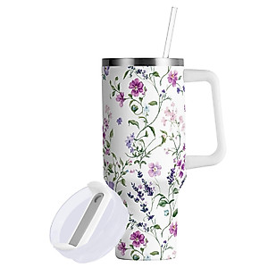 ALAZA Cute Flowers 40 oz Tumbler Water Bottle with Straw Lid and Handle,Reusable Insulated Stainless Steel Cup for Women Men Travel Car Cup Holder