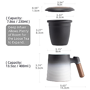 ZENS Tea Cup with Infuser and Lid, 13.5 Ounces Gradient Embossed Loose Tea Mug, Rosewood Handle Ceramic Tea Steeping Mug for Gifts, Black & White*1 and Black&Blue*1