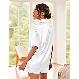 Ekouaer Silk Pajama Set Women's Pjs Satin Shirt and Shorts Two Piece Outfits Button Up Lounge Shorts Set White,Medium