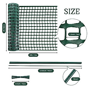 Plastic Garden Fencing Roll Safety Construction Barrier Outdoor Snow Mesh Fence Garden Netting, 1.2 Inch Mesh, Coated Iron Wire Support Stakes, Cable Ties for Garden (Green, 2 x 50 Feet)