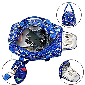 CAMTOP Kids Duffel Overnight Bag Boys Girls Weekender Carry-On Personalized Tote for Travel Gym Sport (Dinosaur-Dark Blue)
