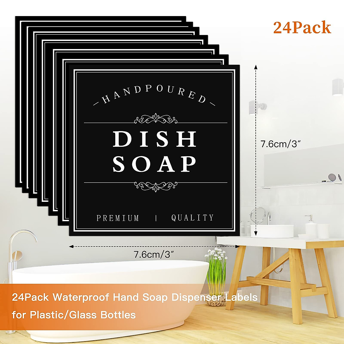 24PCS Waterproof Soap Labels for Bottles, Bathroom Hand Soap Label Stickers, Shampoo and Conditioner Dispenser Labels for Glass/Plastic Spray Bottle (Black)