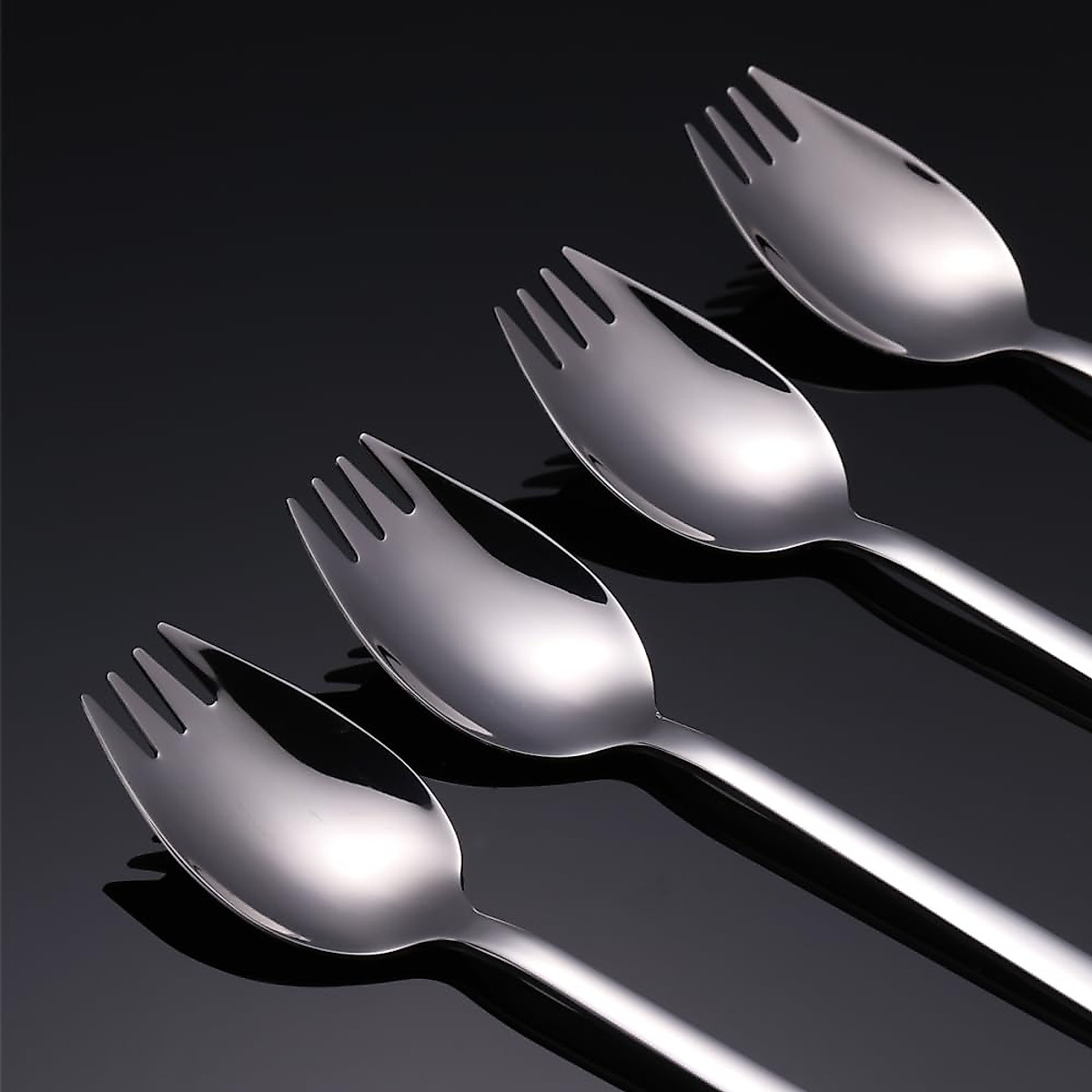 tiokin Sporks,4-Pack Salad Forks 18/10 Stainless Steel 7.4 Inches Long Handle Dessert Spoons Ice Cream Spoons Flatware Set Reusable Fruit Appetizer Dessert Forks for Household Use or Camping