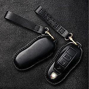 Tukellen for Porsche Leather Key Fob Cover with Keychain Key Shell Compatible with Porsche Panamera, Macan, Cayenne, 911-Black