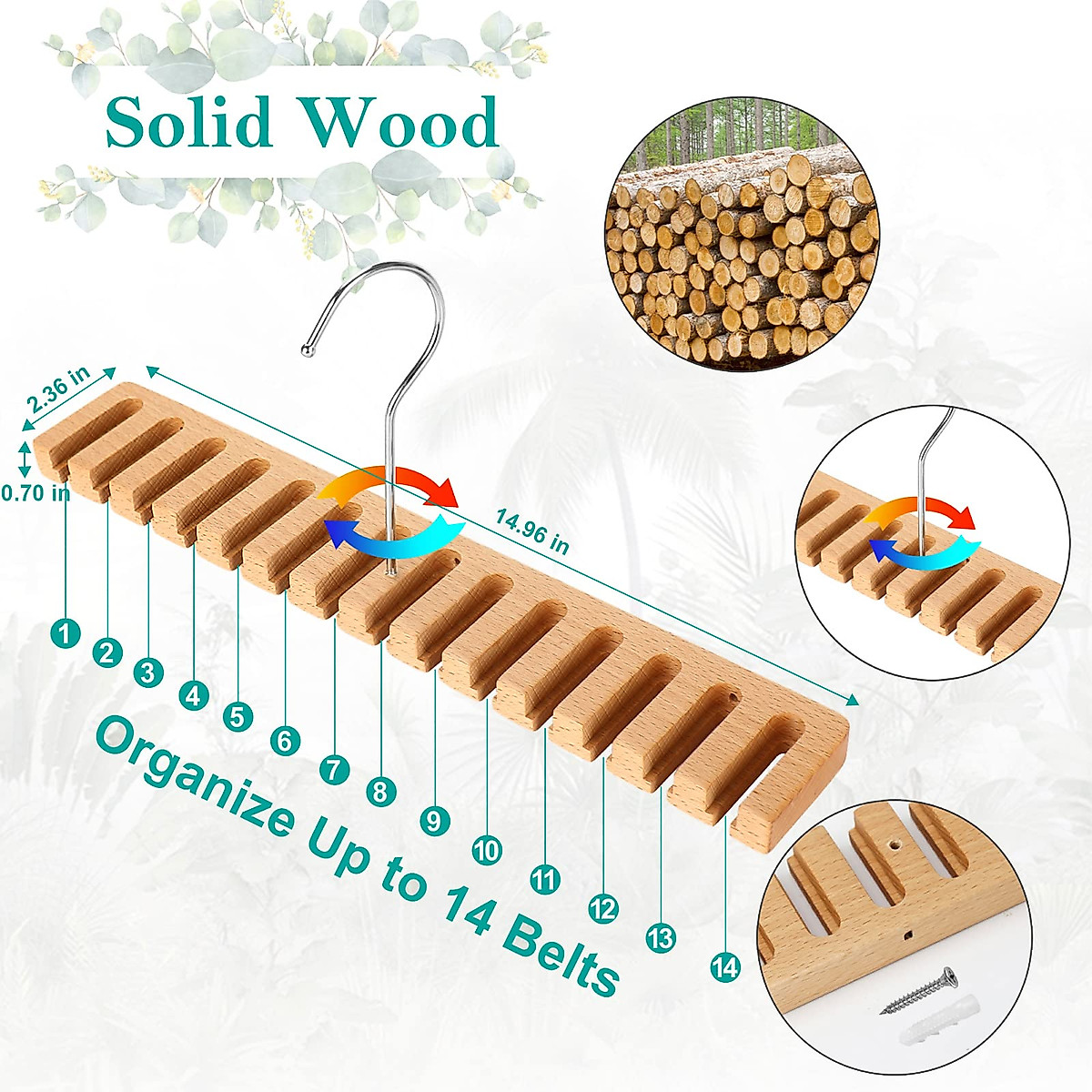 Belt Hanger for Closet, 2 in 1 Wooden Wall Mount 14 Belt Organizer w/Through-The-Wall Nails, Belt Rack w/ 360° Swivel Hook, Tie and Belt Organizer Display for Closet, Door, Wall, 1 Pack, Natrual