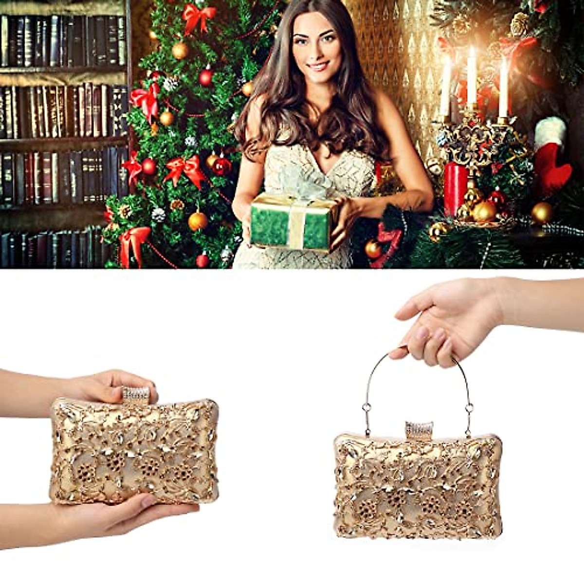 GESU Womens Beaded Crystal Clutch Rhinestone Evening Bag Wedding Bridal Prom Purse,Gold, Large