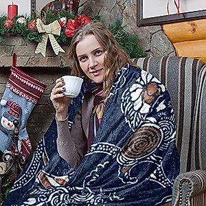 Plush Blanket Throw Blanket Warm Cozy Soft Microfiber Blankets, Japanese Navy Blue Flower Art Rose Vintage