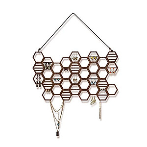 Heesch Hanging Earring Holder Honeycomb Earring Organizer Wall Mount Earring Display Wood Hanging Jewelry Organizer for Stud Earrings, Necklaces (Walnut)
