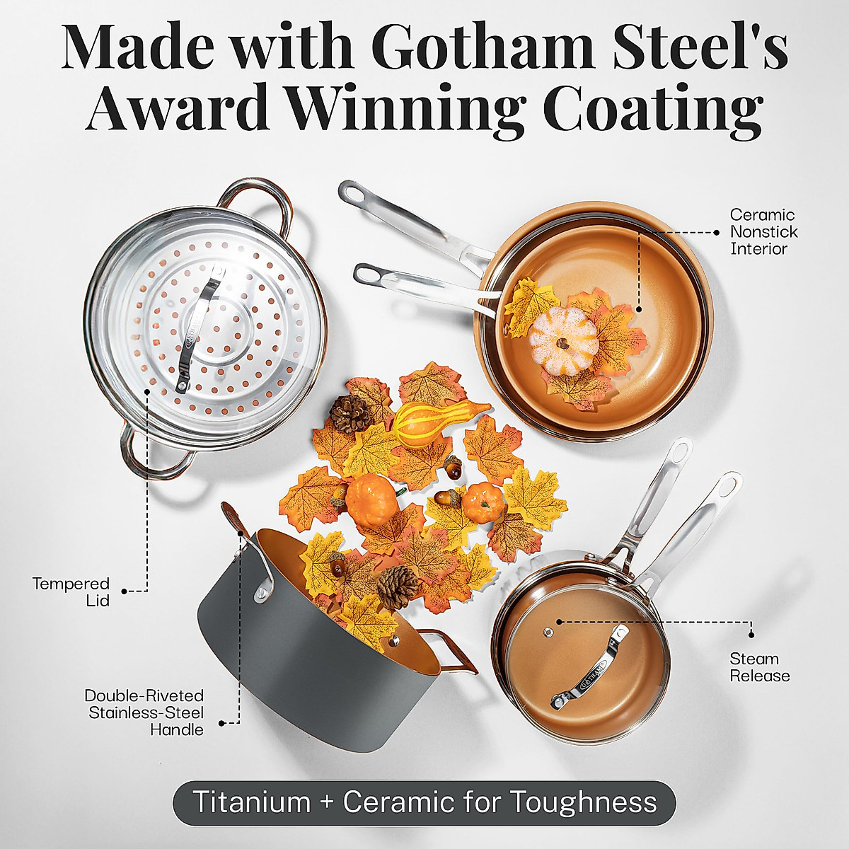 Gotham Steel Pots and Pans Set 12 Piece Cookware Set with Ultra Nonstick Ceramic Coating by Chef Daniel Green, 100% PFOA Free, Stay Cool Handles, Metal Utensil & Dishwasher Safe - 2023 Edition