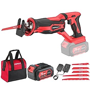 POPULO Cordless Reciprocating Saw, 4.0Ah 20V MAX Battery Power Saw, Electric Reciprocating Saws for Wood, Trees, Metal, or PVC Pipe Cutting, Cordless Saw with Battery, Fast Charger, and Bag