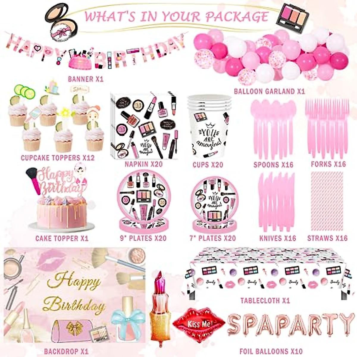 233 PCs Spa Party Supplies for Girls, Hombae Spa Makeup Salon Cosmetics Birthday Decorations Backdrop Balloon Garland Banner Tablecloth Cake Cupcake Topper Plate Napkin Cup Straw Knife Fork Spoon