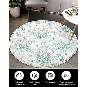 Round Carpet Plush Area Rug Ocean Cute Sea Turtle Coral Shell Starfish, Soft Shaggy Floor Mats Circular Furry Rugs Cartoon Art for Bedroom/Living Room/Nursery/Kids Room
