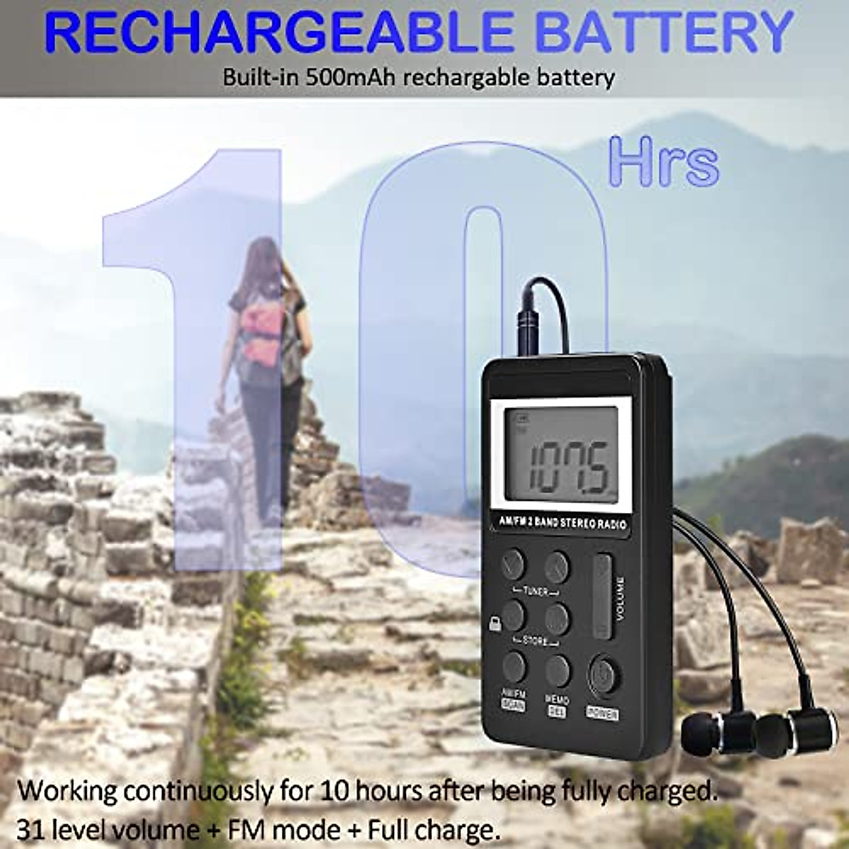 SWDSTP AM/FM Personal Portable Radio, Pocket Radio with Digital Tuning LCD Display, Rechargeable Walkman Radio with Sterio Earphone, Small Radio with Removable Belt Clip for Walking, Jogging