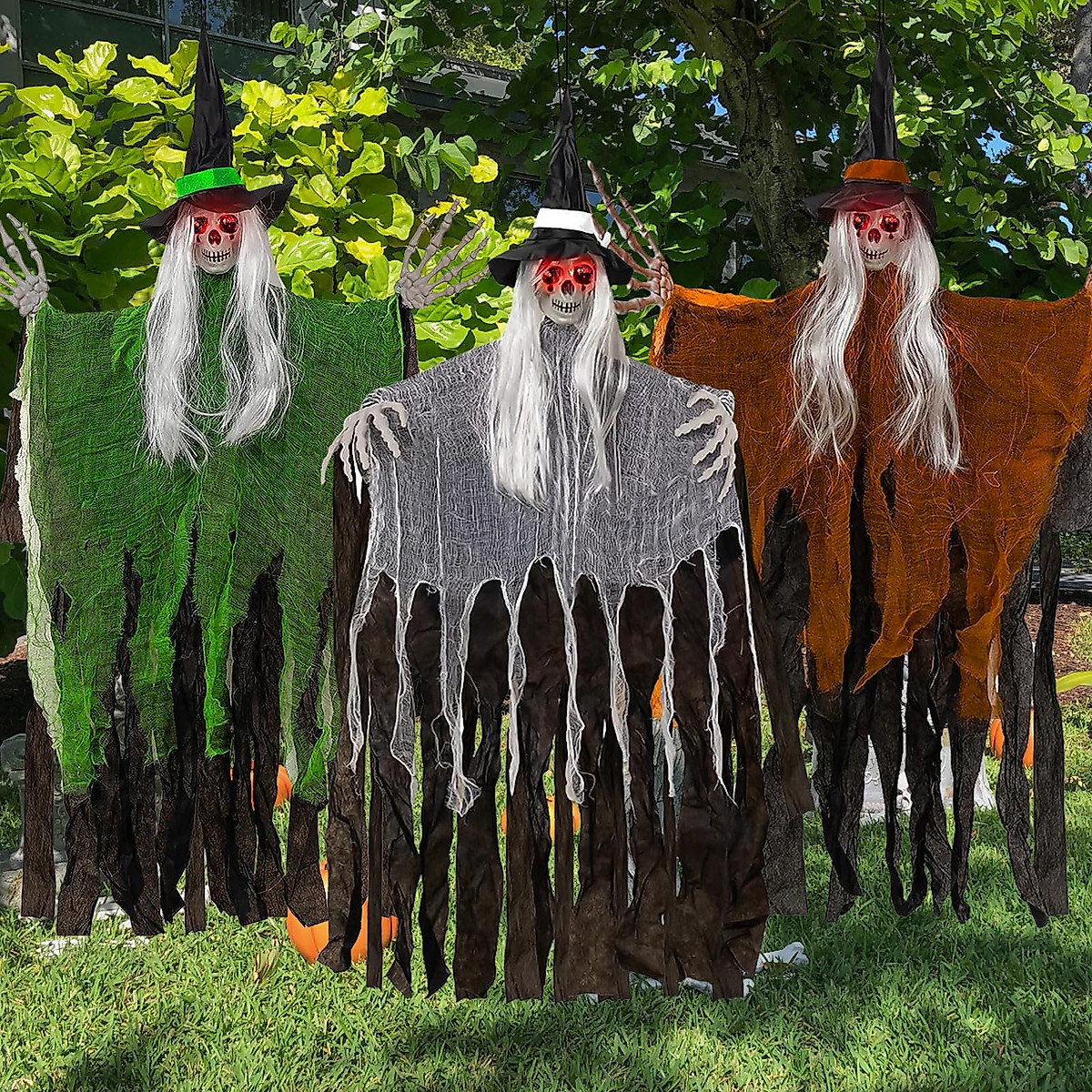 Halloween Hanging Decorations Outdoor - 3 Pack 41" Halloween Hanging Ghost Skeleton with Wizard Hat with Glowing Eyes for Halloween Porch Yard Garden Tree Outside Decorations