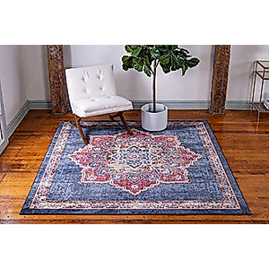 Unique Loom Utopia Collection Traditional Classic Vintage Inspired Area Rug with Warm Hues, 7' Square, Dark Blue/Beige