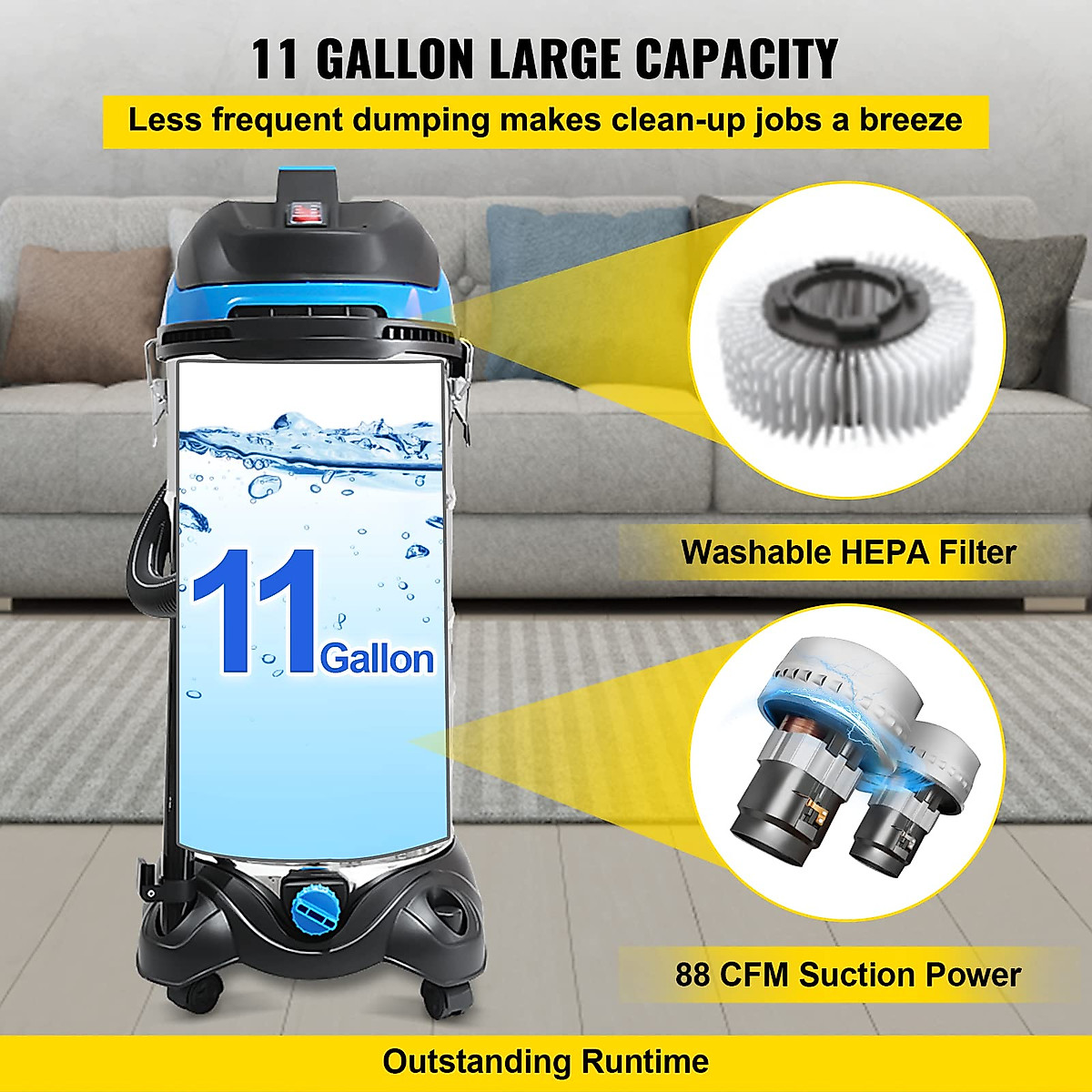 VEVOR Extractor Collector, 11 Gallon Capacity, HEPA Filtration System Automatic Dust Shaking, 1200W Powerful Motor Wet & Dry Vacuum Cleaner, 11 GAL, Silver