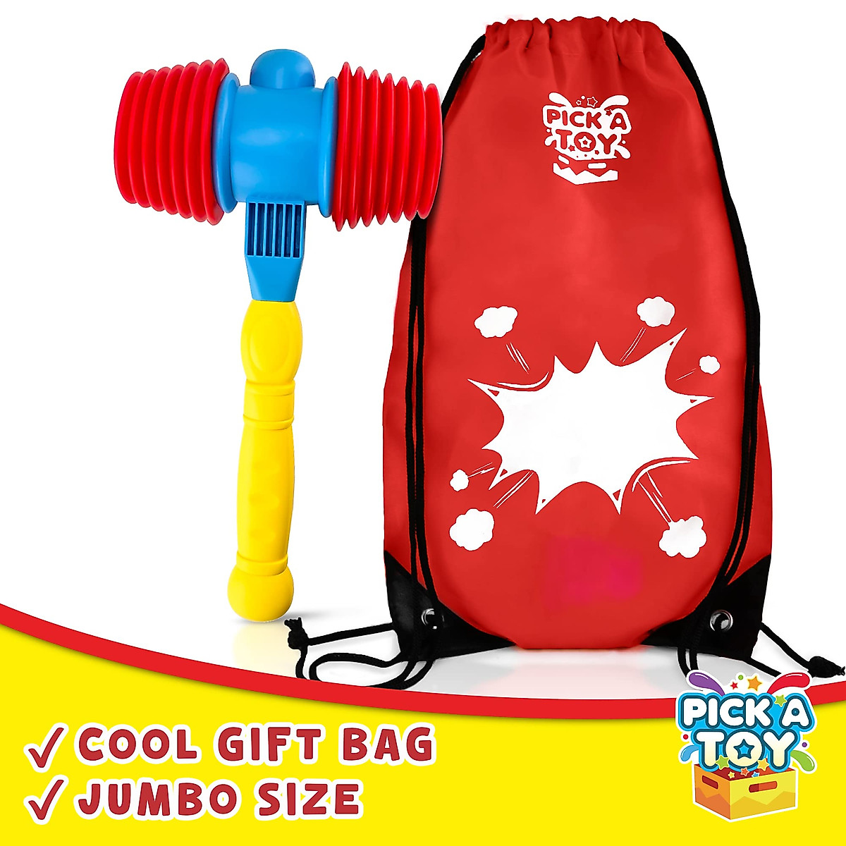 Squeaky Hammer Toy for Kids, 14” Long with Soft Plastic Mallet, Fun Birthday Party Favor for Carnival, Circus, and Whack a Mole Games, Interactive Pounding Action, Red Carry Bag