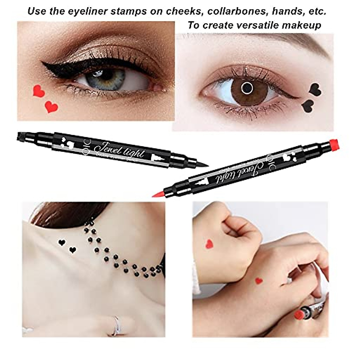 Mysense 2PCS Liquid Eyeliner Stamp Pen Set, Red & Black Heart Stamp Eyeliner Pencil Eye Liner Stencils, Waterproof Smudge-proof Eyeliner for Women Girls Halloween Harley Quinn Costumes Cosplay Makeup