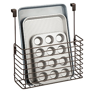 mDesign Metal Wire Kitchen Bakeware Organizer Basket - Hang Over Cabinet Door - Storage for Baking Sheets, Cupcake Tins, Cutting Boards, Foil, or Plastic Wrap - Concerto Collection - Bronze