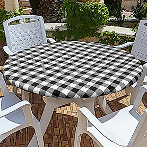 smiry Round Table Cloth Cover, Elastic Waterproof Fitted Vinyl Table Covers for 36"-44" Tables, Flannel Backed Buffalo Plaid Tablecloth for Picnic, Camping, Indoor and Outdoor, Black and White