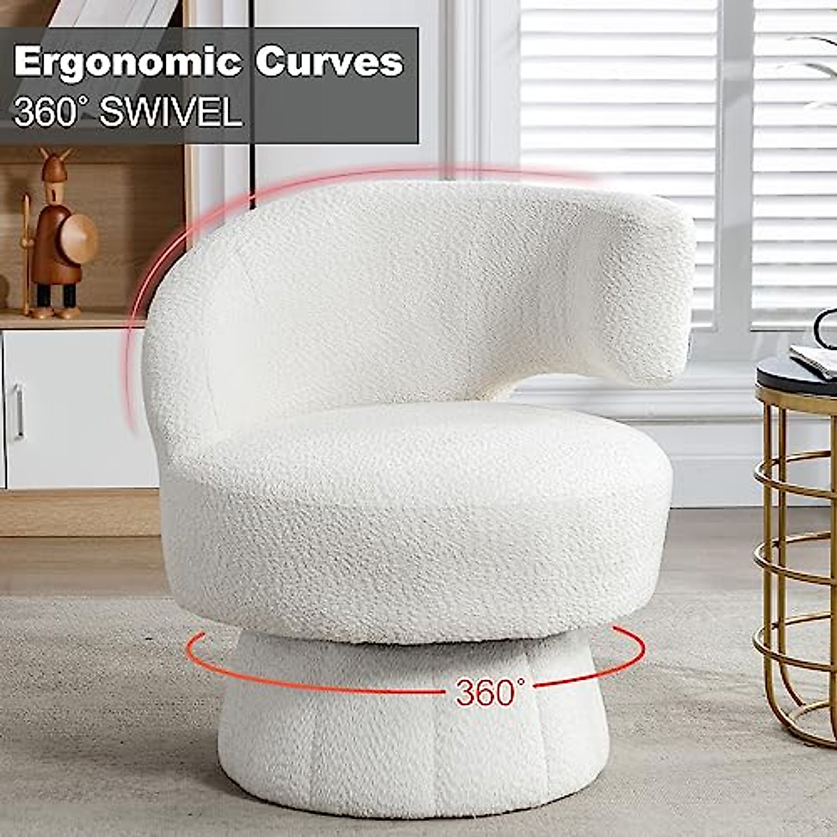 Tabaray Round Swivel Chair,Modern Accent Chair,Comfy Barrel Chair,Fuzzy Teddy Upholstered Armchair for Living Room,Bedroom,Office,Waiting Room (White)