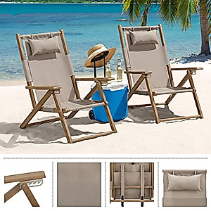 Lavish Home Set of 2 Beach Chairs - Outdoor Weather-Resistant Wood Folding Chairs with Carry Straps and Reclining Seat - Beach Essentials (Taupe)