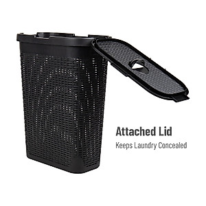 Mind Reader 40L Slim Laundry Hamper, Clothes Basket, Lid, Wicker Design, Plastic, 18"L x 10.4"W x 23.5"H, Black