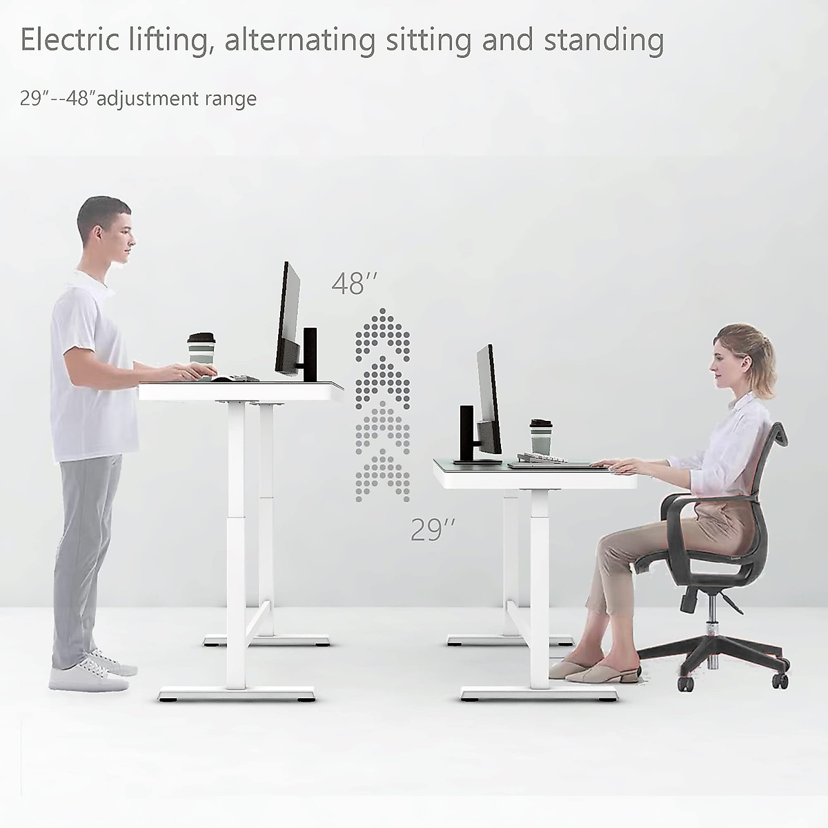 JAHRSTIM Jefferson Glass Standing Desk with Drawer, 48 x 24 Inches Modern Height Adjustable Desk Home Office Sit Stand Up Desk, Electric Motorized Uplift, Memory Control, Child Lock, White