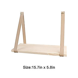 YOYAI Leather Strap Wood Floating Wall Shelf Wooden Shleves Wall Organizer Wall Mount Shelf Home Decor Kitchen Living Room Bedroom（Beige Set of 2）